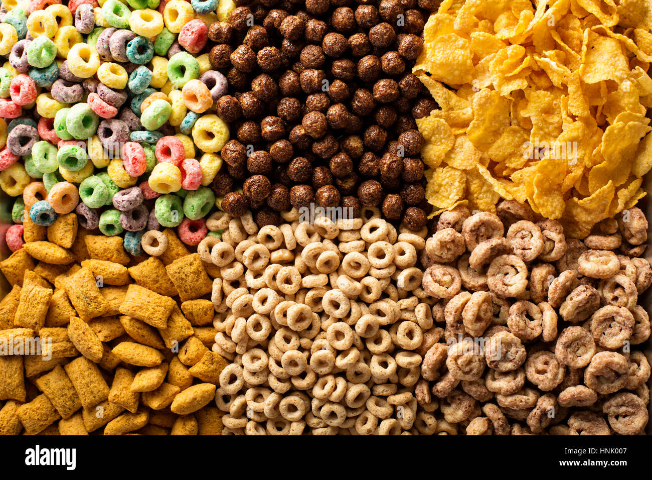 Variety of cold cereals, quick breakfast for kids overhead shot Stock ...