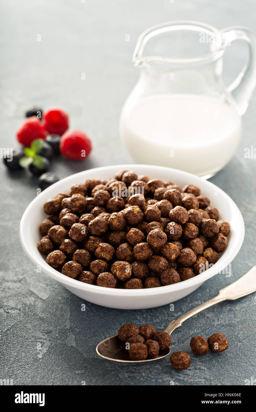 Chocolate sweet cold cereals in a white bowl Stock Photo - Alamy