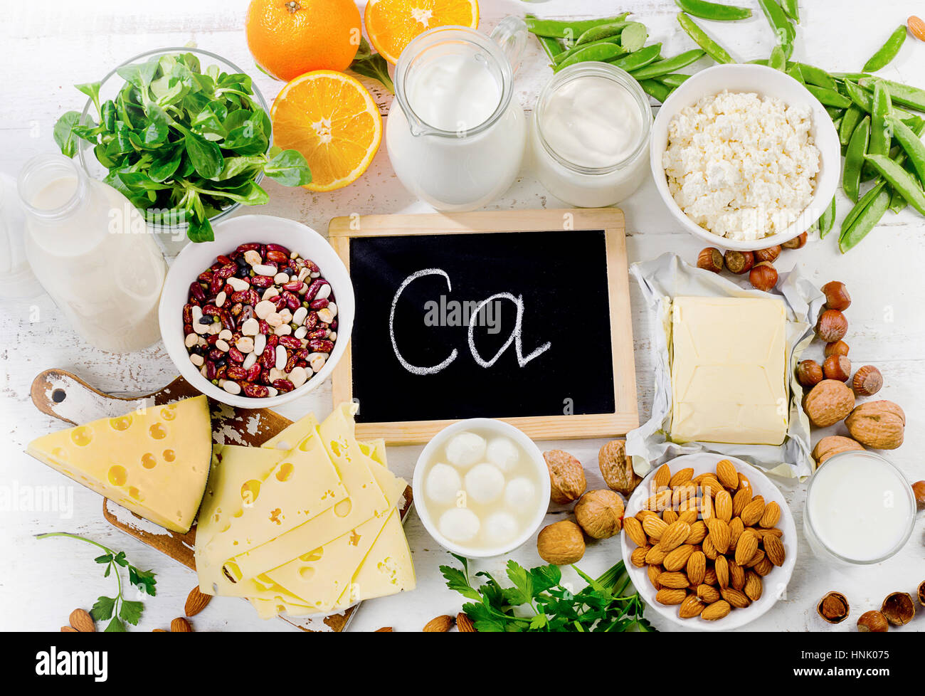 Group of products rich in calcium. Healthy food. Top view Stock Photo ...