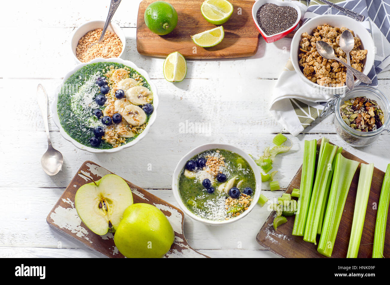 Green fresh healthy smoothies with fruits and vegetables. Top view ...