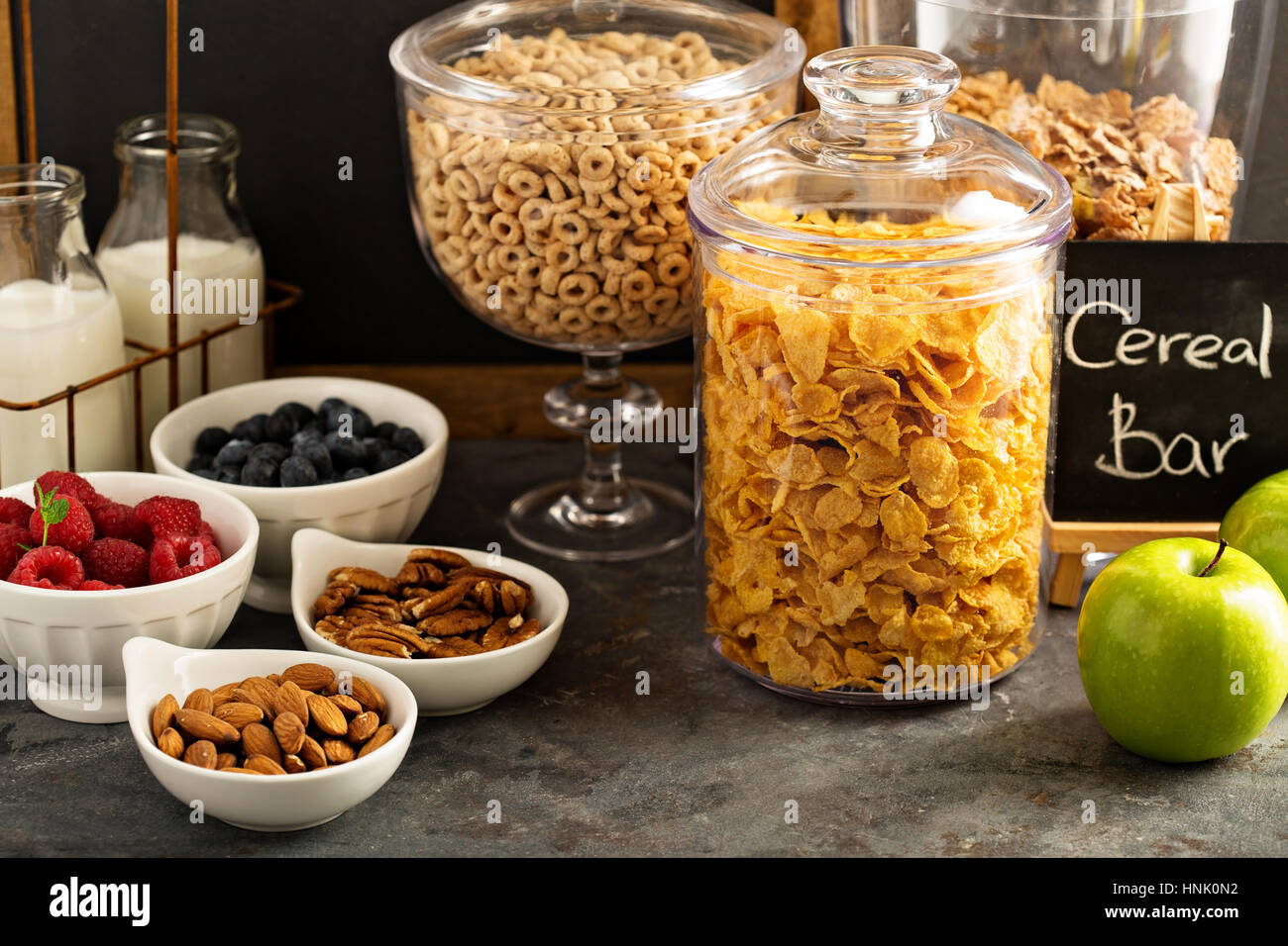 Breakfast cereal bar or buffet wih variety of cereals, fruit and nuts ...