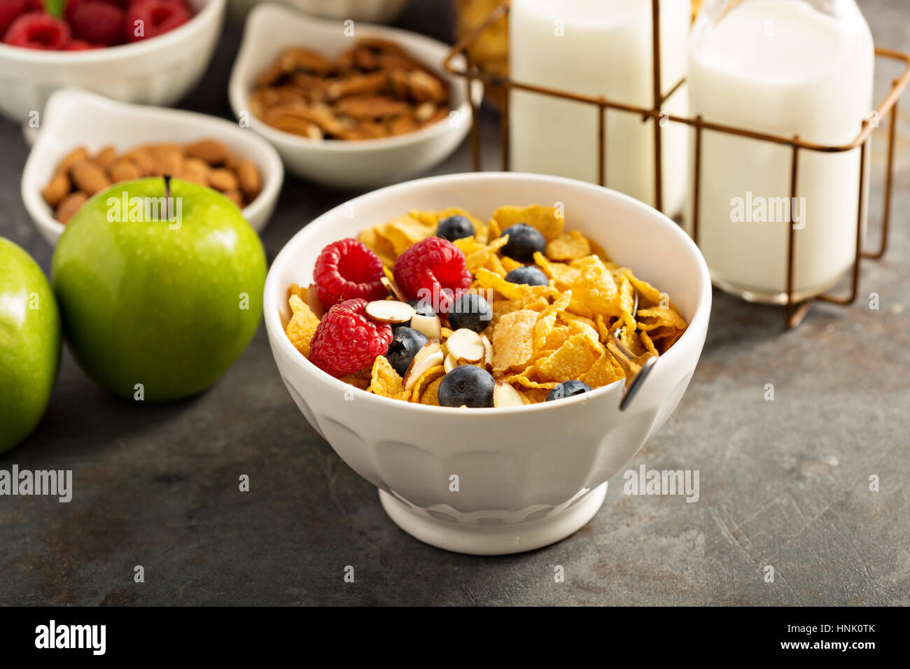 Breakfast cereal bar or buffet wih variety of cereals, fruit and nuts ...