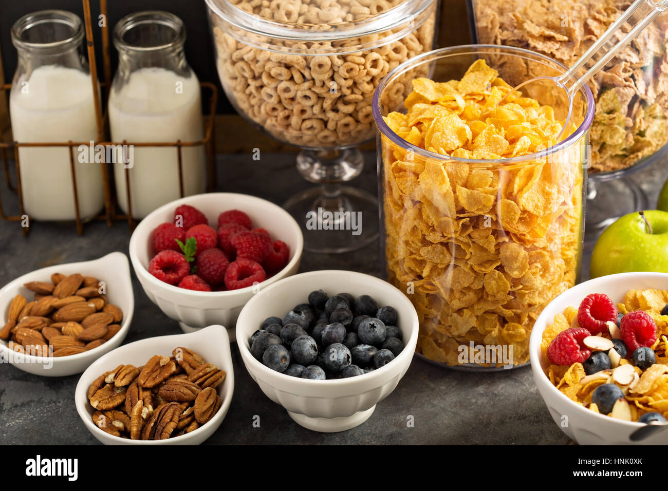 Breakfast cereal bar or buffet wih variety of cereals, fruit and nuts ...