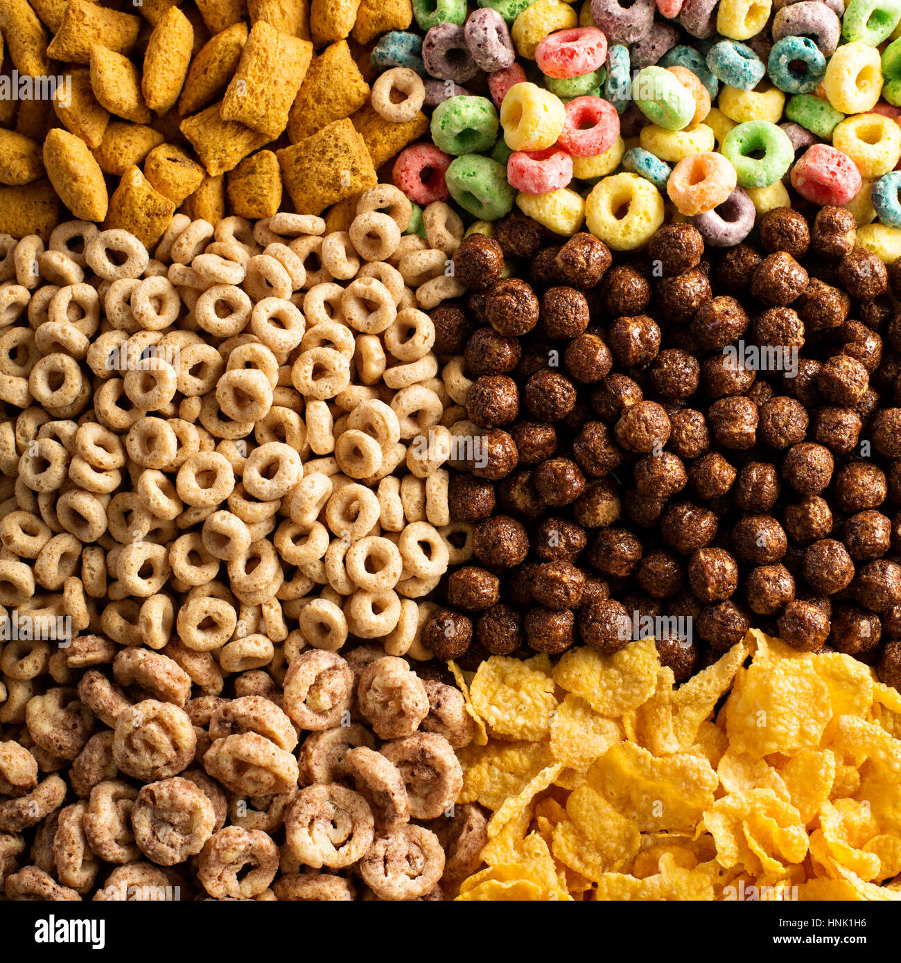 Variety of cold cereals, quick breakfast for kids overhead shot Stock ...