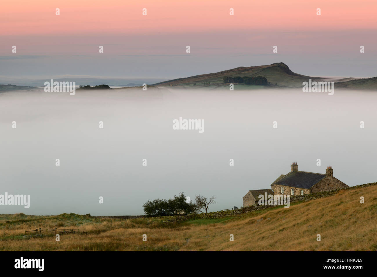 Hadrian's Wall: early morning autumnal mist obscures Crag Lough but not ...