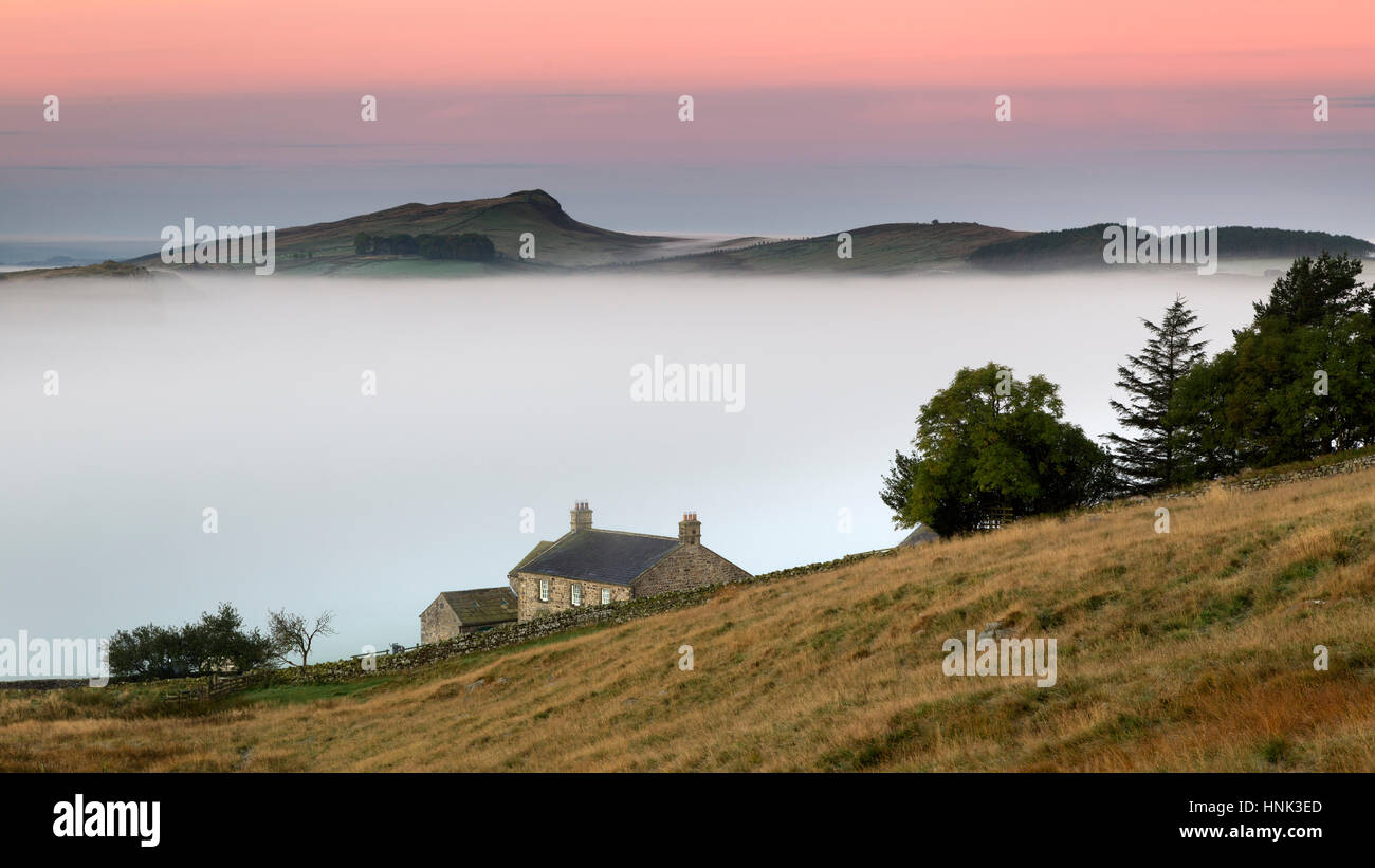 Hadrian's Wall: early morning autumnal mist obscures Crag Lough but not ...