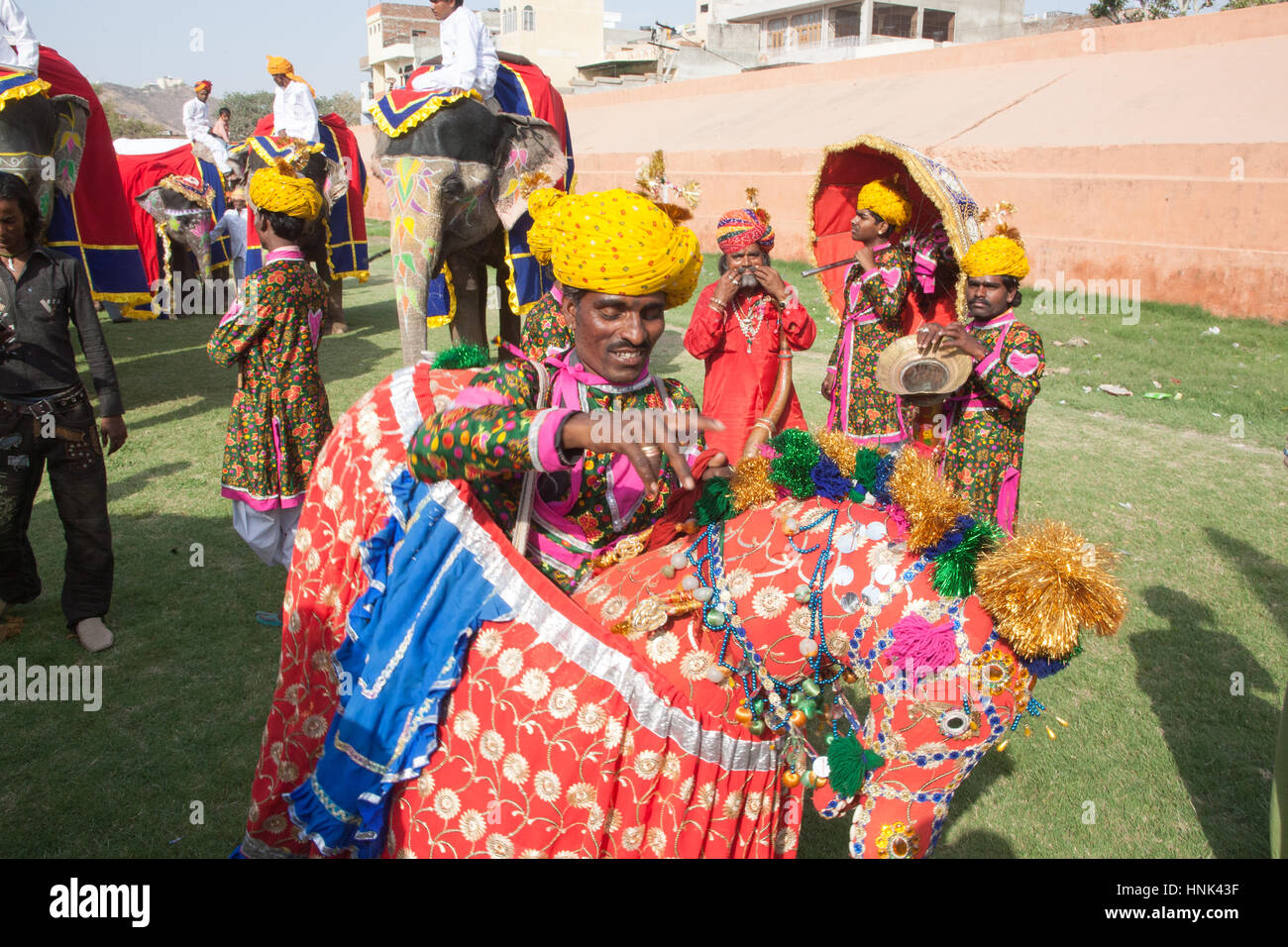 Tourists,folk music,dance Painted,decorated,elephants,At Holi,Spring ...