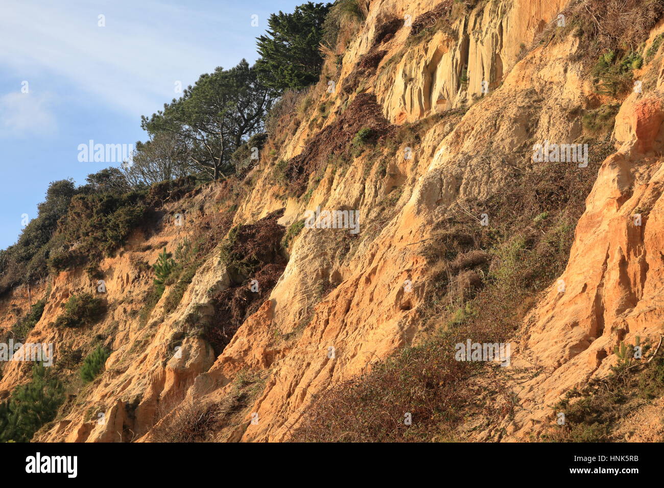 Sandstone cliff face seafront overlooking Branksome / Poole beach in ...