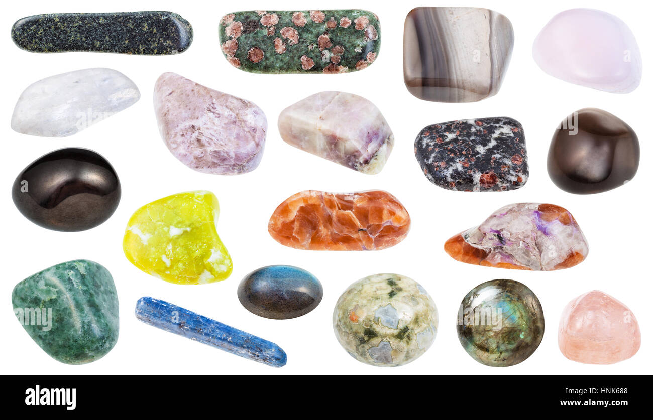 collection of various polished mineral stones - petalite, castorite ...