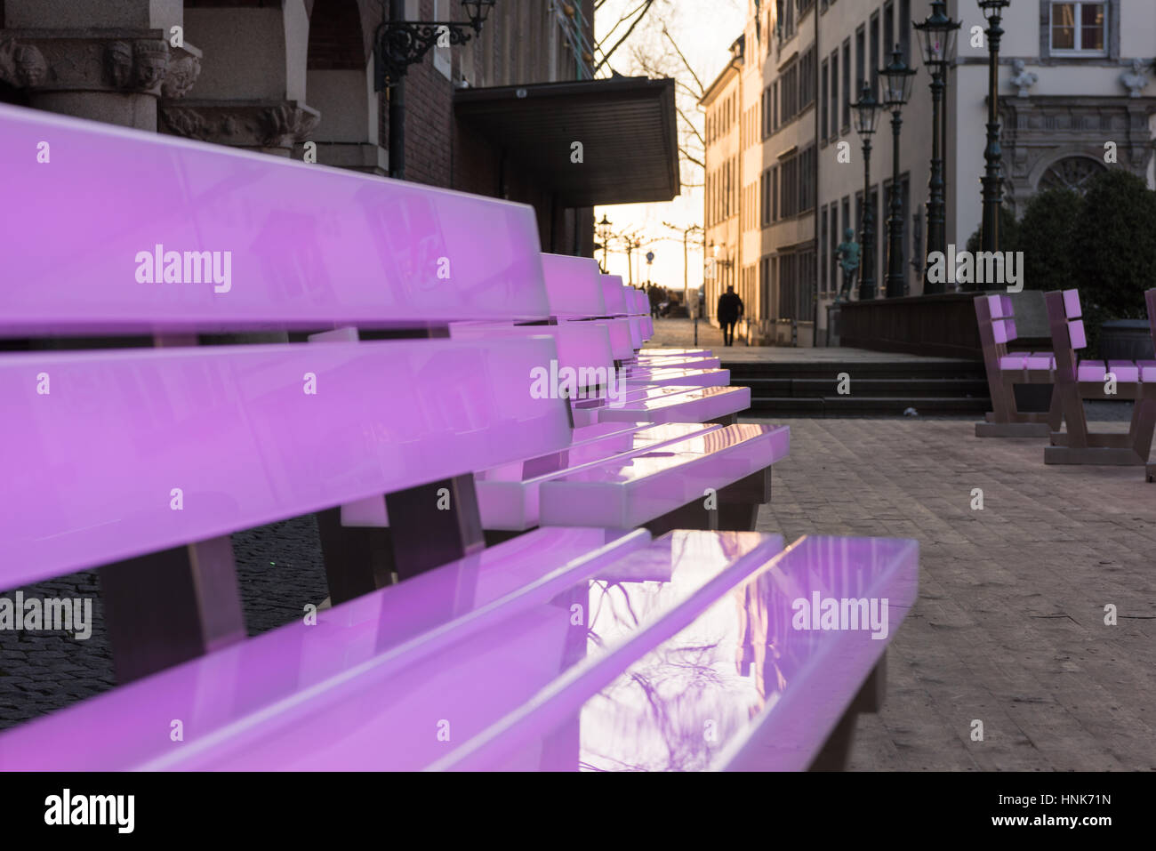 DUESSELDORF, GERMANY - FEBRUARY 13, 2017: Eighteen illuminated benches ...