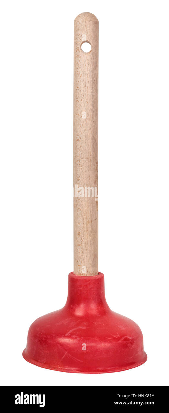 side view of common household plumbing sink plunger with wooden stick ...