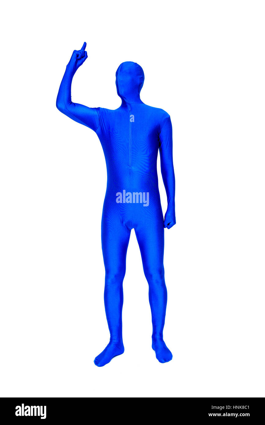 Mysterious blue man in morphsuit point the finger up Stock Photo - Alamy