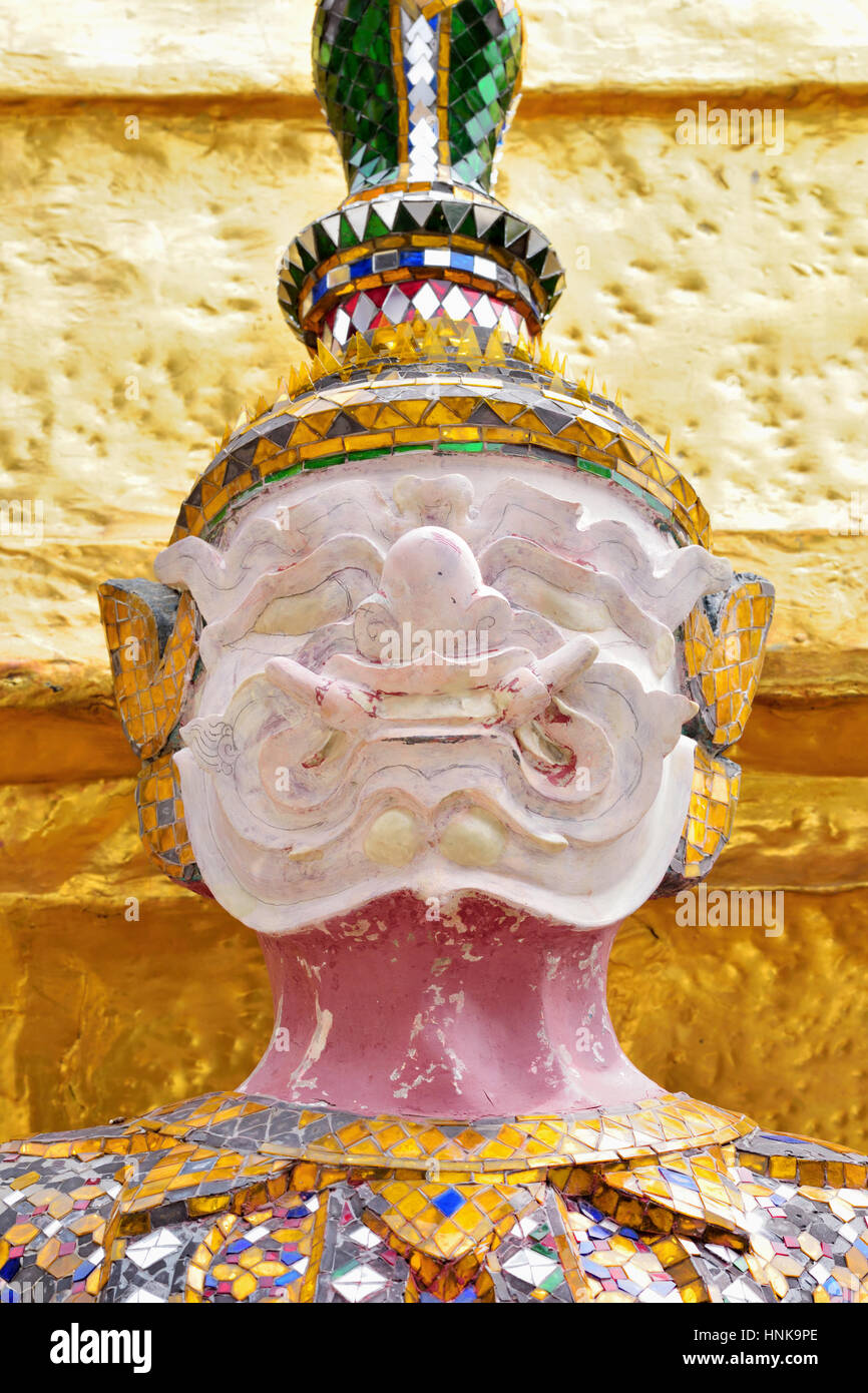 closeup face of Yak(giant) statue during restoration process at Wat ...
