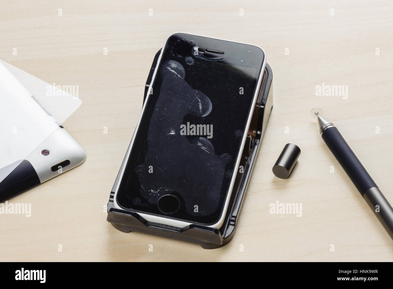 closeup low quality screen protector film applied on mobile phone Stock ...