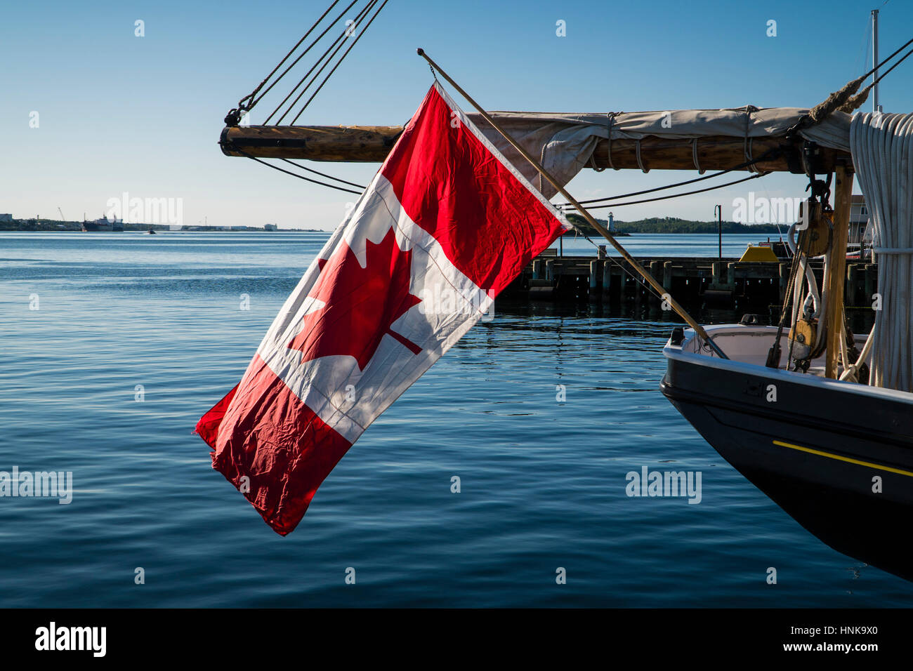 The Canadian Maple Leaf flag flies from the stern of the schooner ...