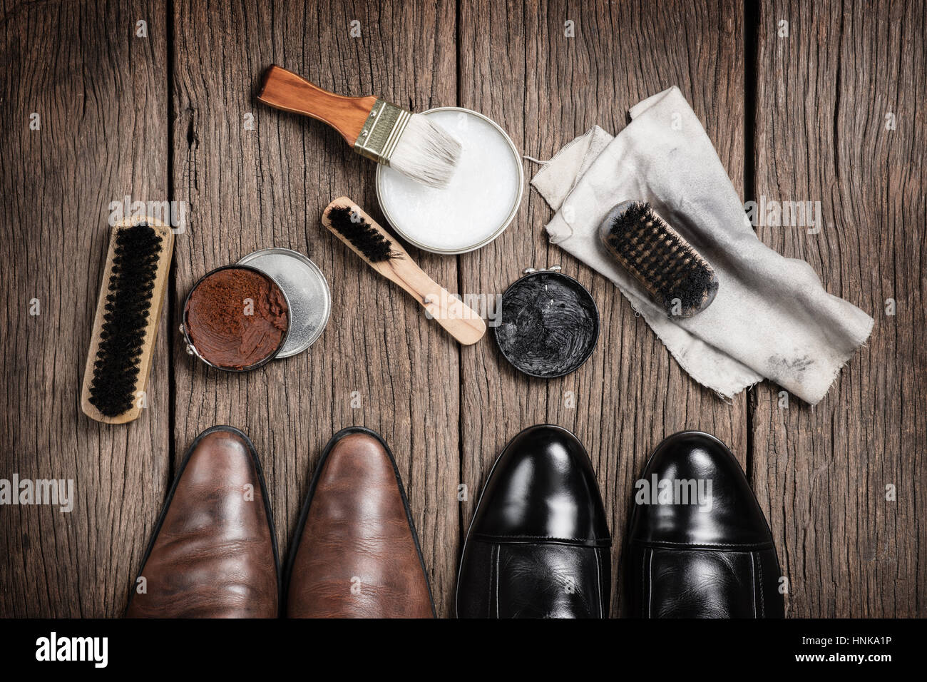 leather boots with shoe maintenance set Stock Photo - Alamy