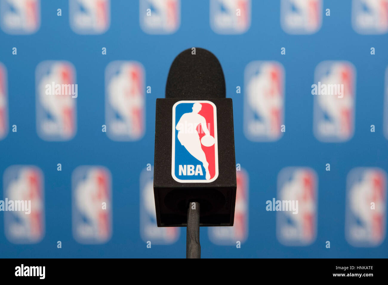 A NBA branded microphone is seen at the podium prior to NBA press ...