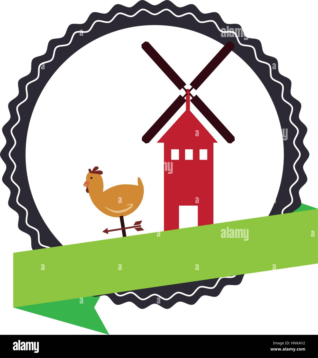 stamp border with colorful silhouette windmill and hen with label ...