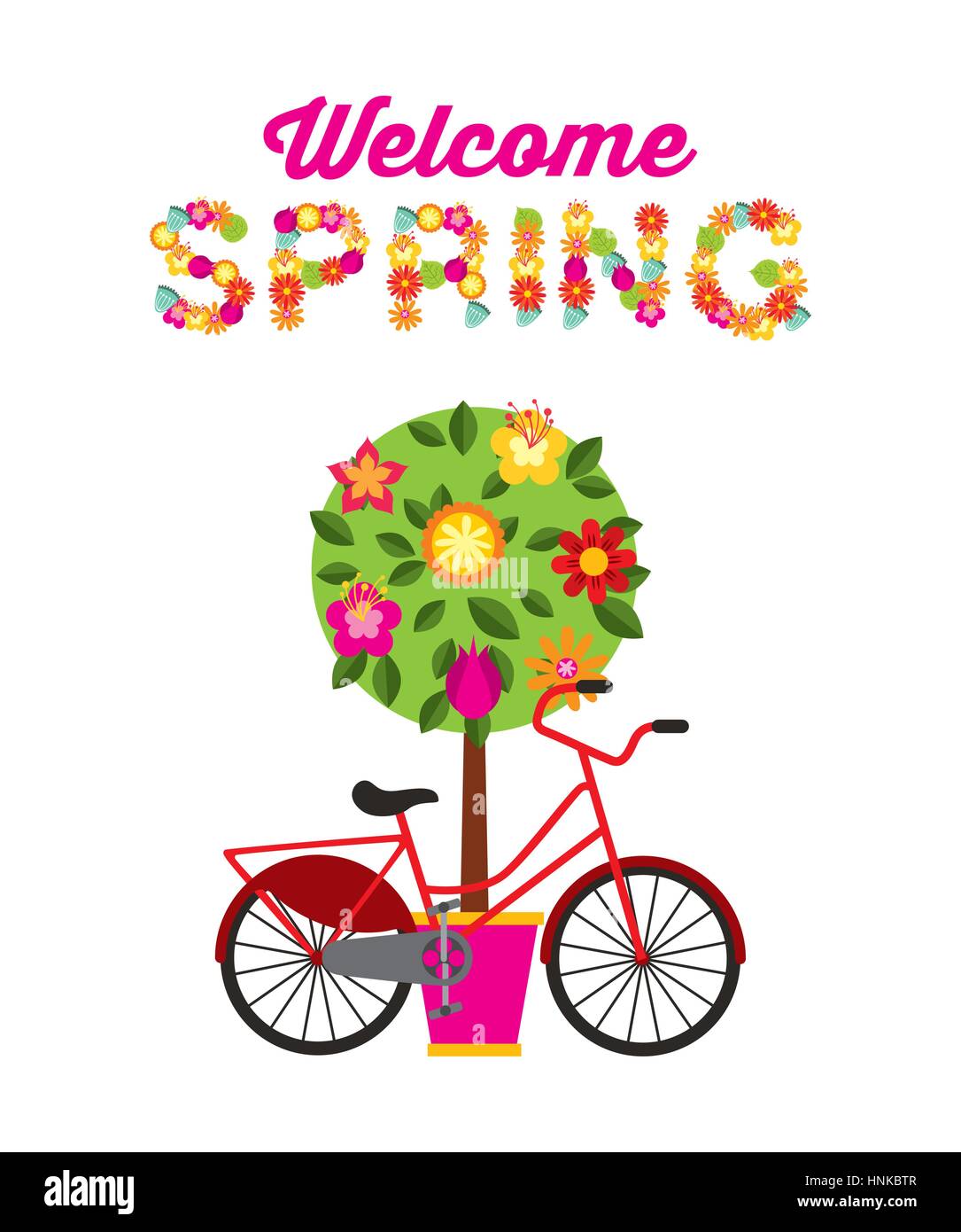tree with flowers bicycle over white background. spring season concept ...