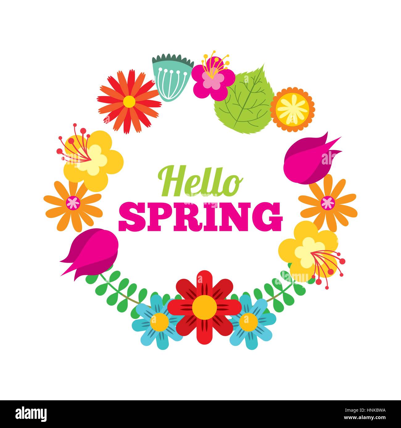 wreath of beautiful flowers over white background. spring season ...