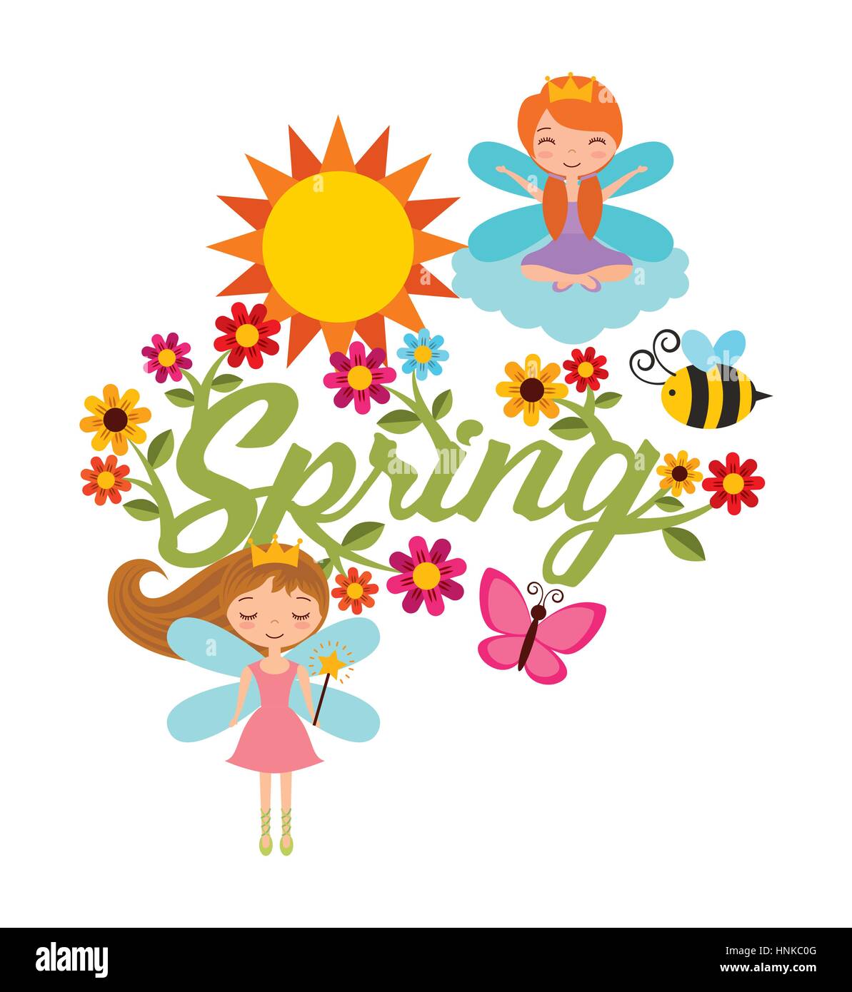 fairy girls and flowers over white background. spring season concept ...