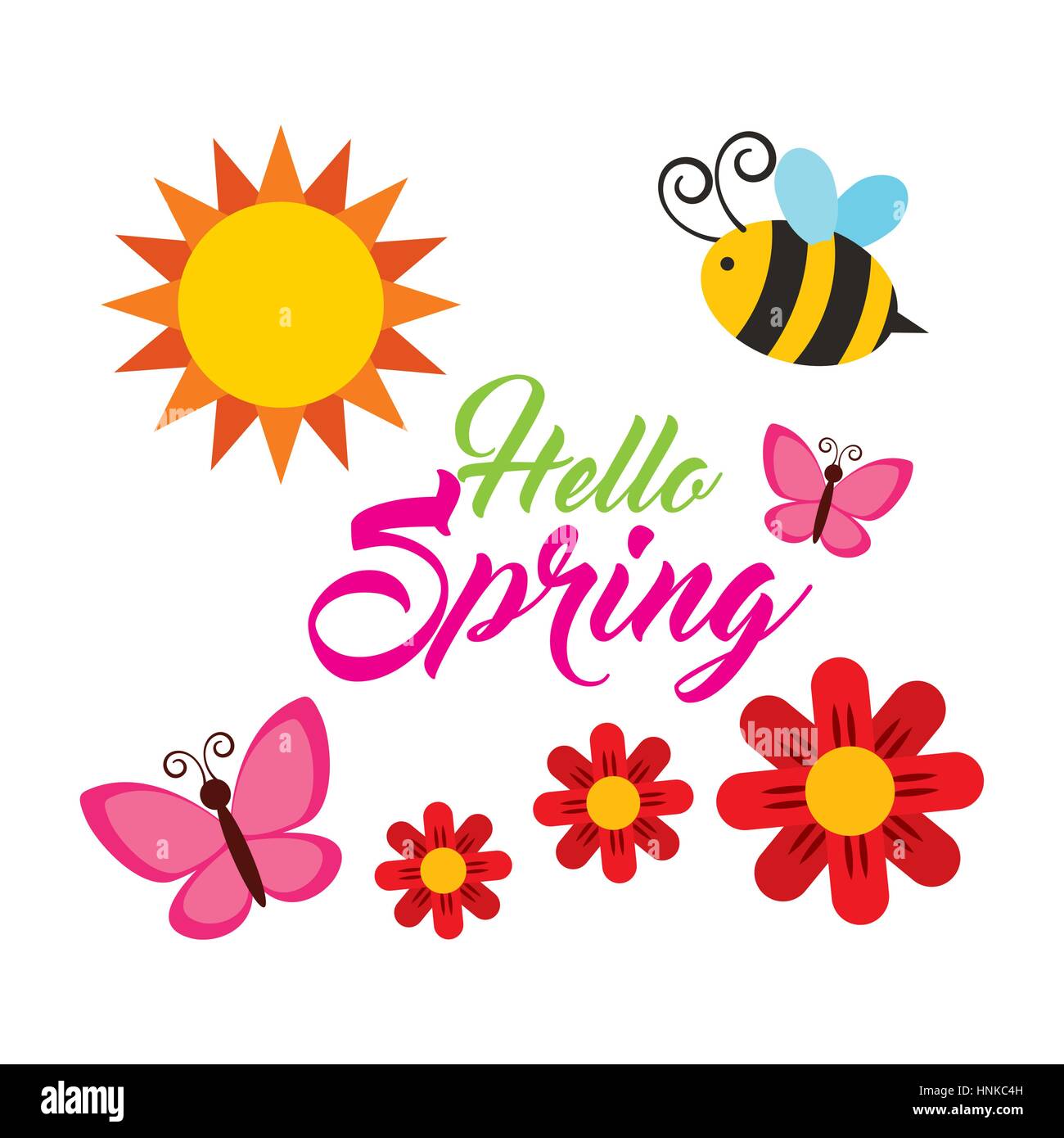 bee, butterfly and flowers over white background. spring season concept ...