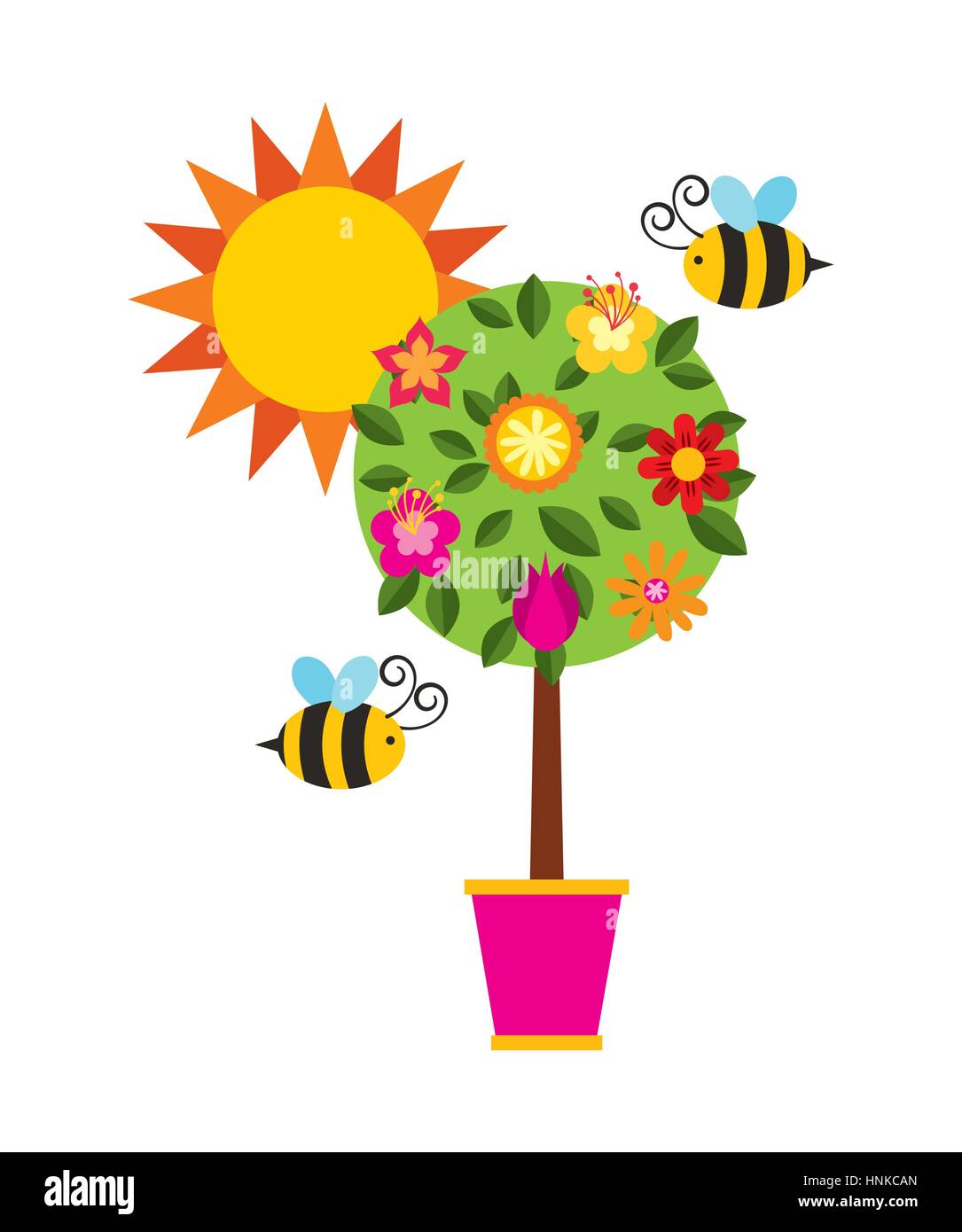 bee and tree with flowers over white background. colorful design ...