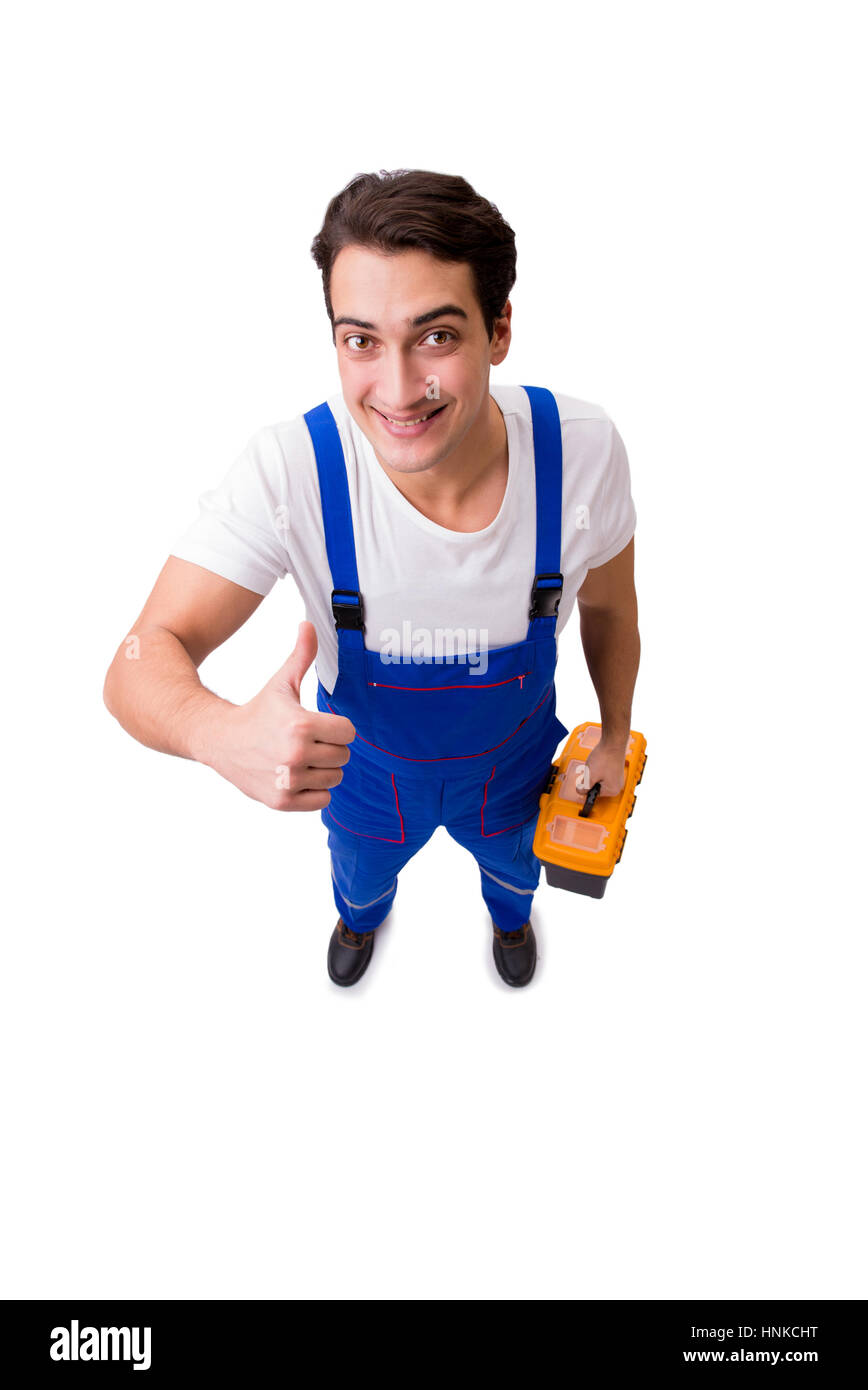 Funny repairman with tools isolated on white Stock Photo - Alamy