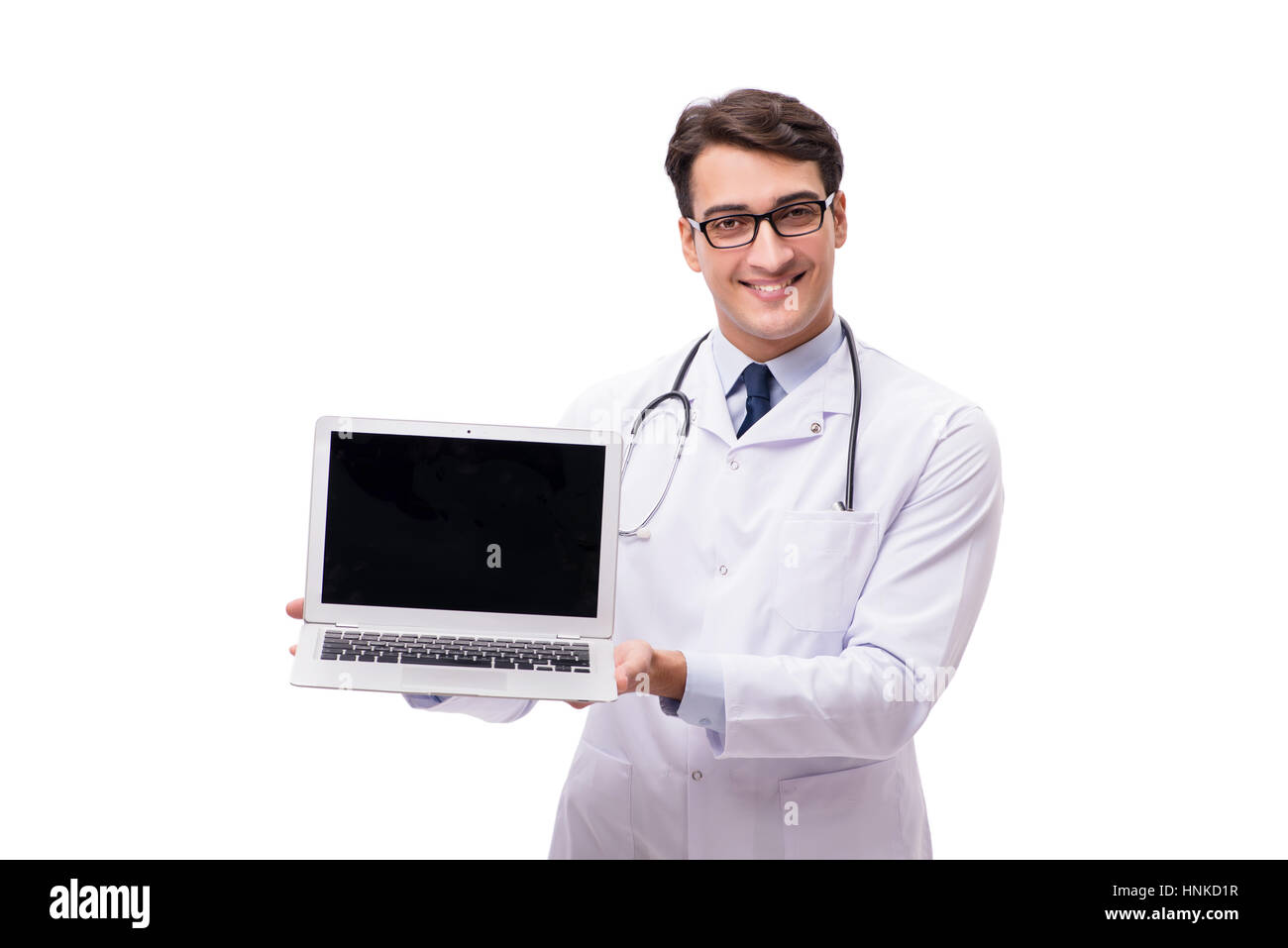 Doctor with laptop isolated on white background Stock Photo - Alamy