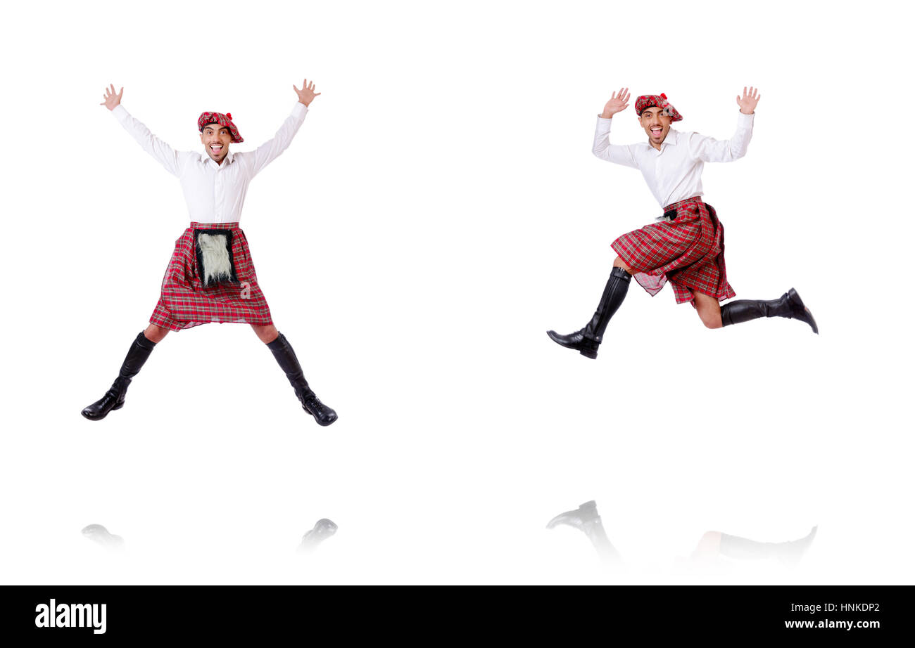 Scottish man dancing on white Stock Photo - Alamy