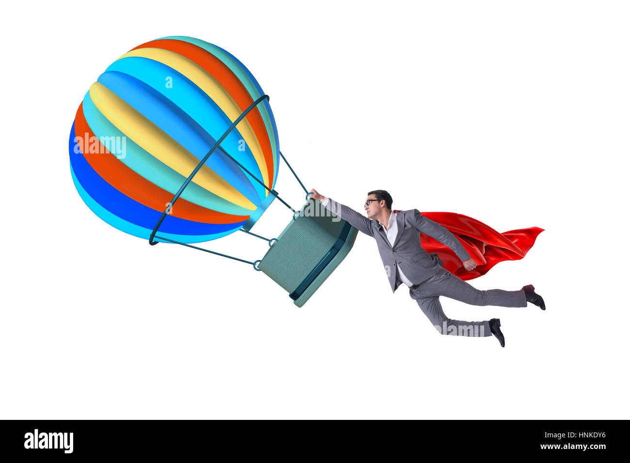 Businessman flying on balloon isolated on white Stock Photo - Alamy