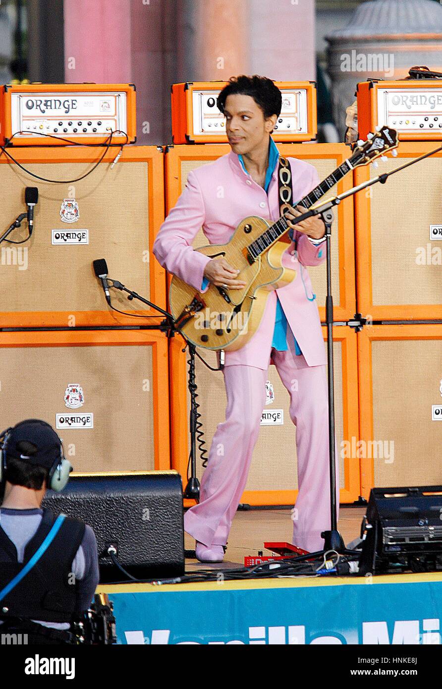 Prince onstage performing during Good Morning America at Bryant Park on ...