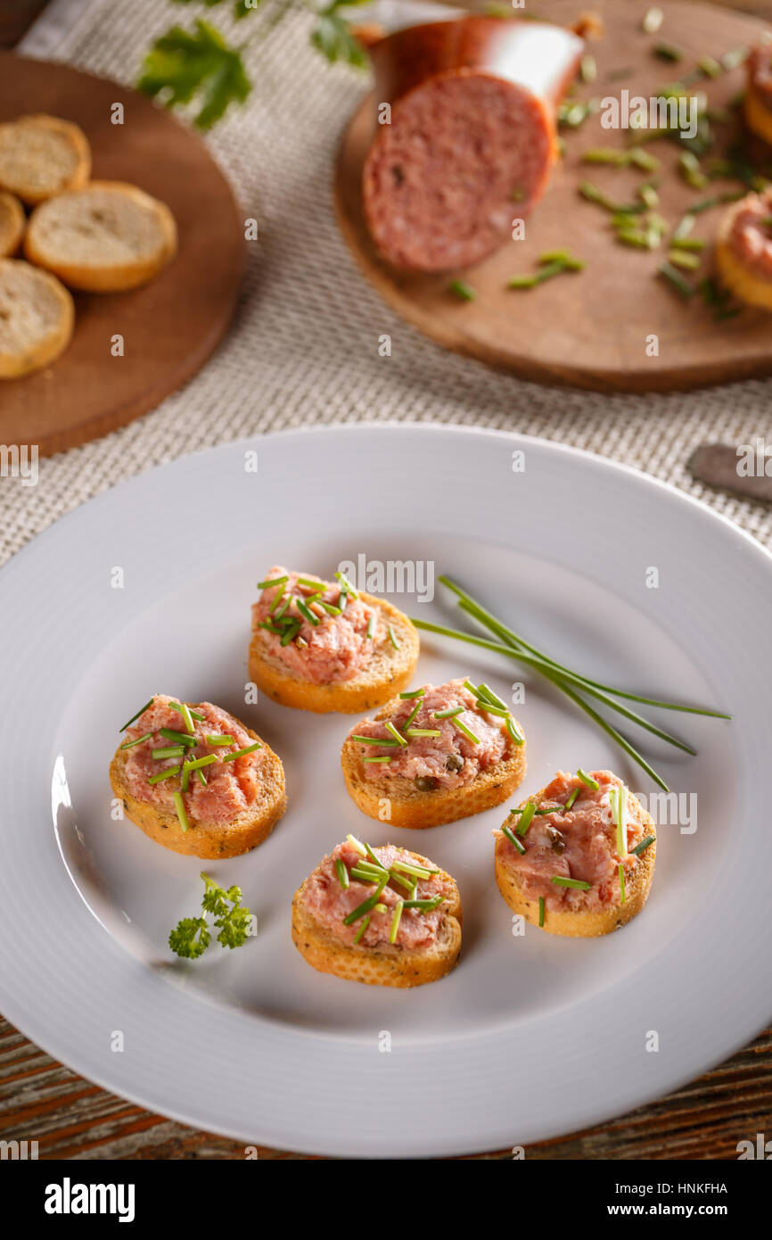 Pate with fresh baguette, appetizer plate Stock Photo - Alamy