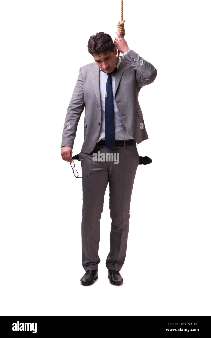 Bankrupt businessman hanging himself isolated on white Stock Photo - Alamy