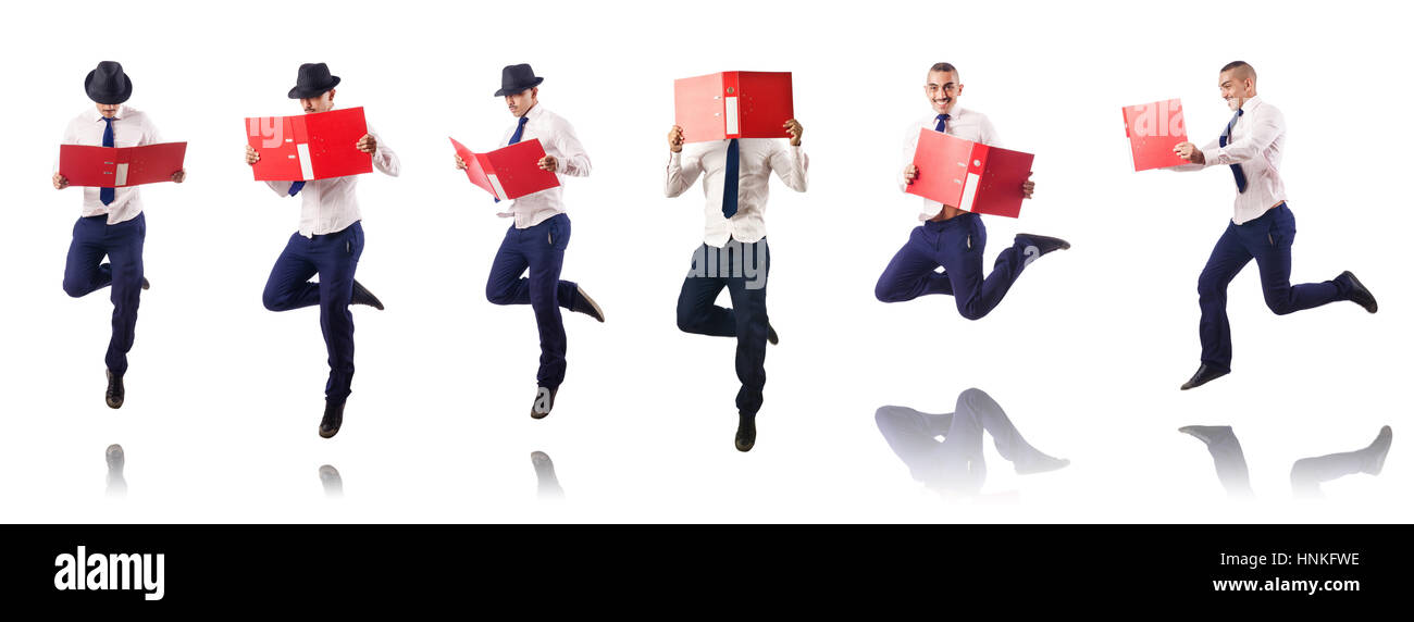 Jumping businessman isolated on white Stock Photo - Alamy