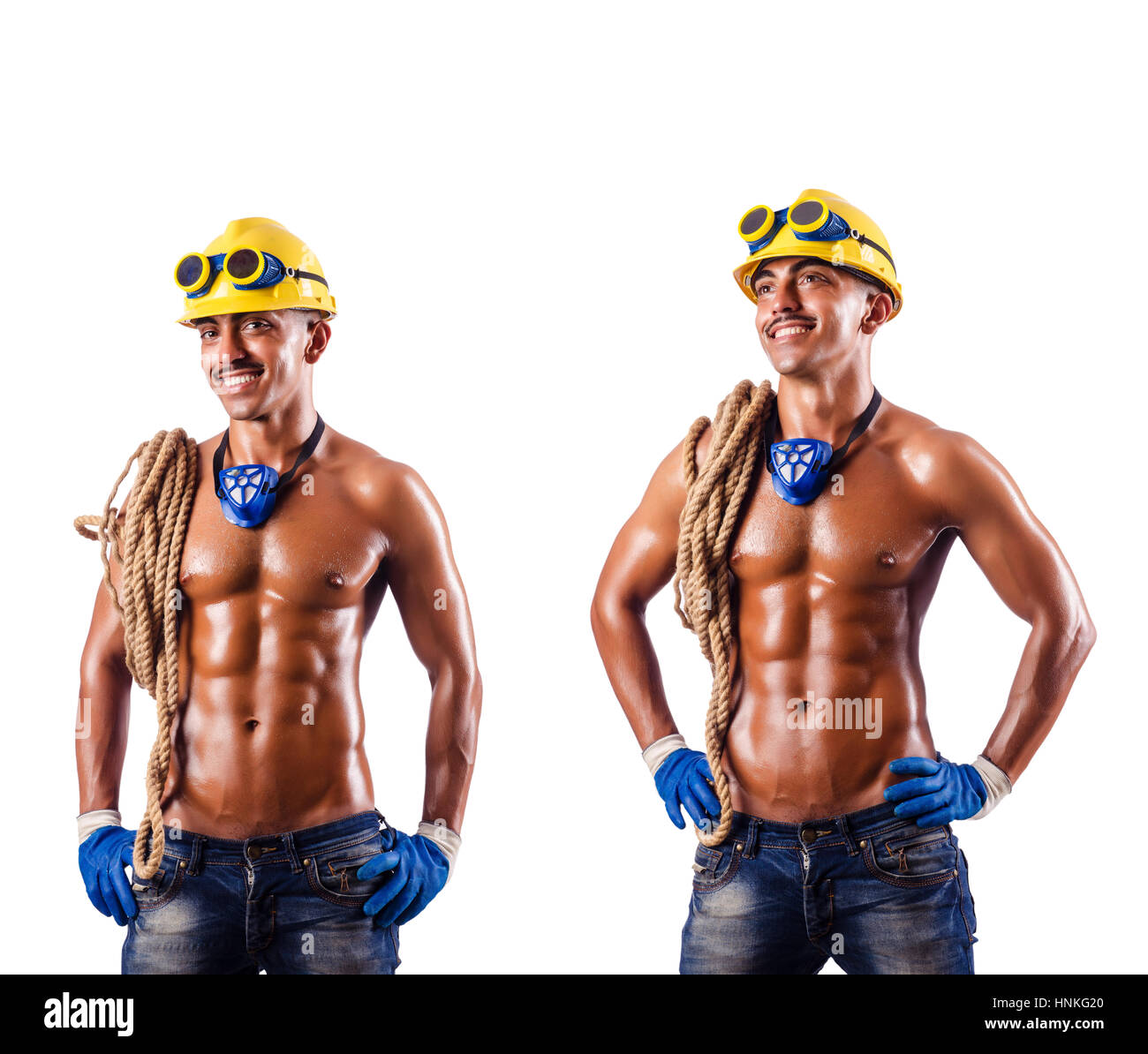 Muscular builder with tools isolated on white Stock Photo - Alamy