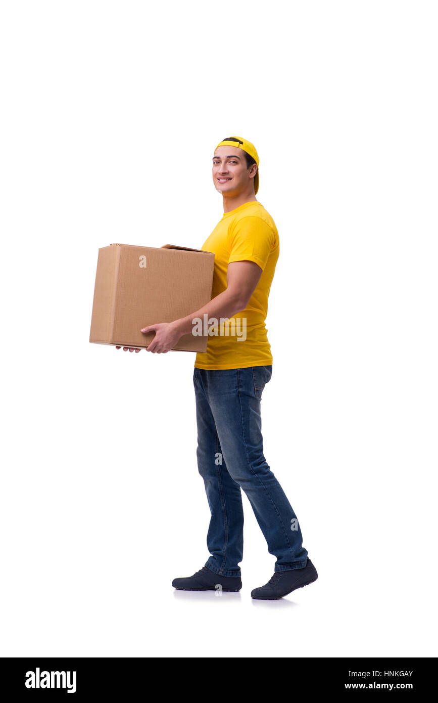 Funny delivery boy with box isolated on white Stock Photo - Alamy