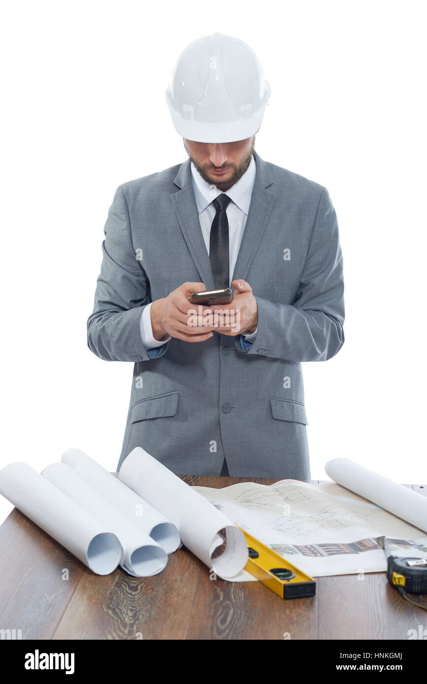 Architect taking photo of architecture plan at call phone Stock Photo ...
