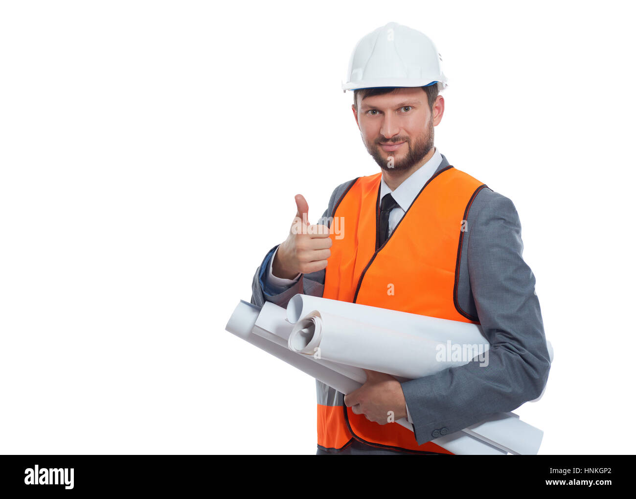 Engineer holding drawing plans and gesturing super by finger Stock ...