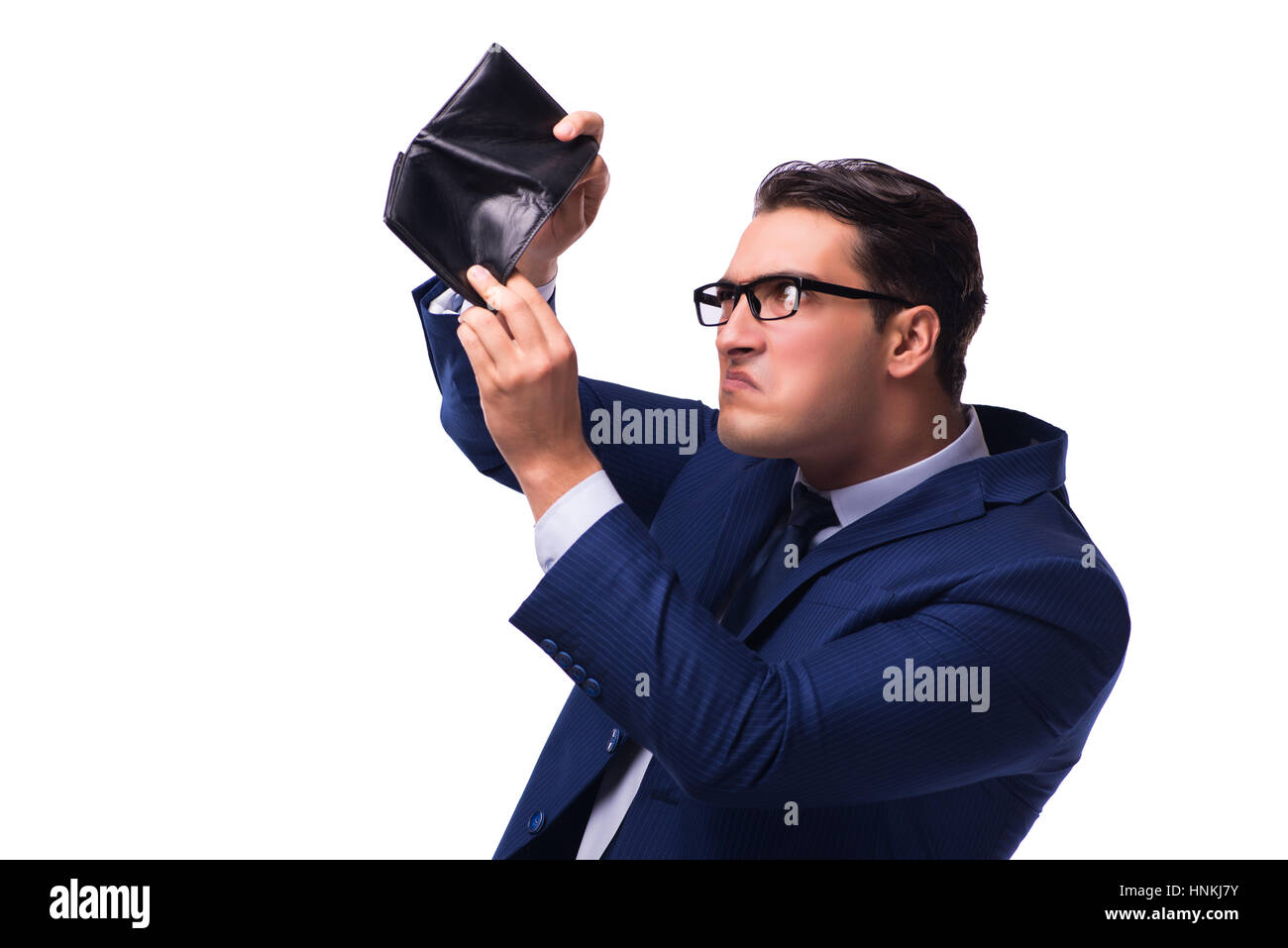 Bankrupt broke businessman with empty wallet on white background Stock ...