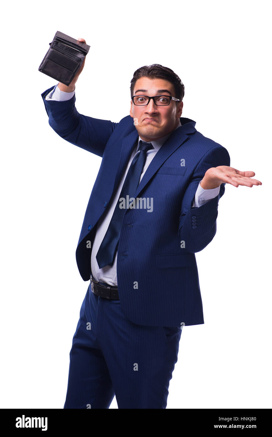 Bankrupt broke businessman with empty wallet on white background Stock ...