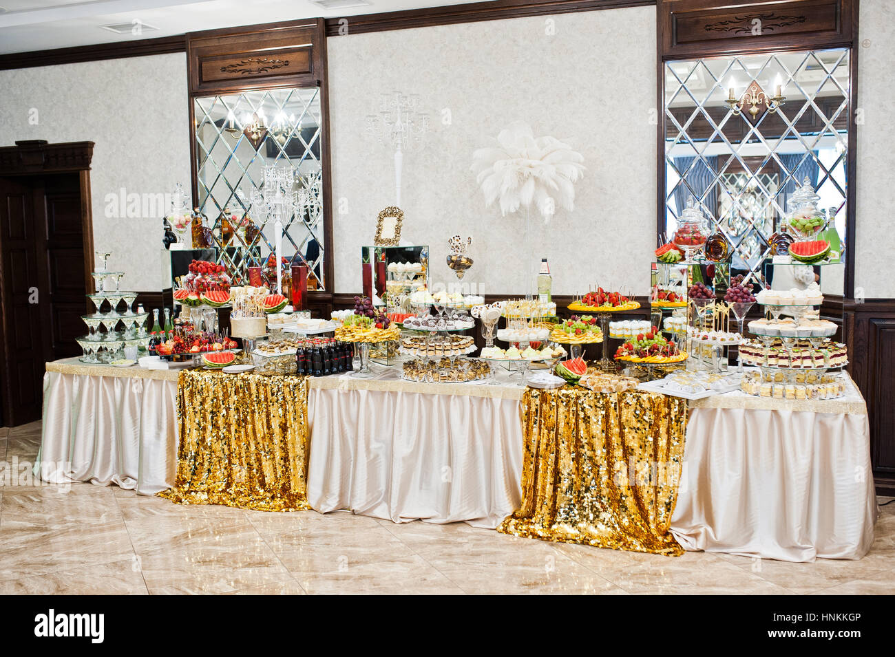 Elegance golden table of different catering at wedding reception Stock ...