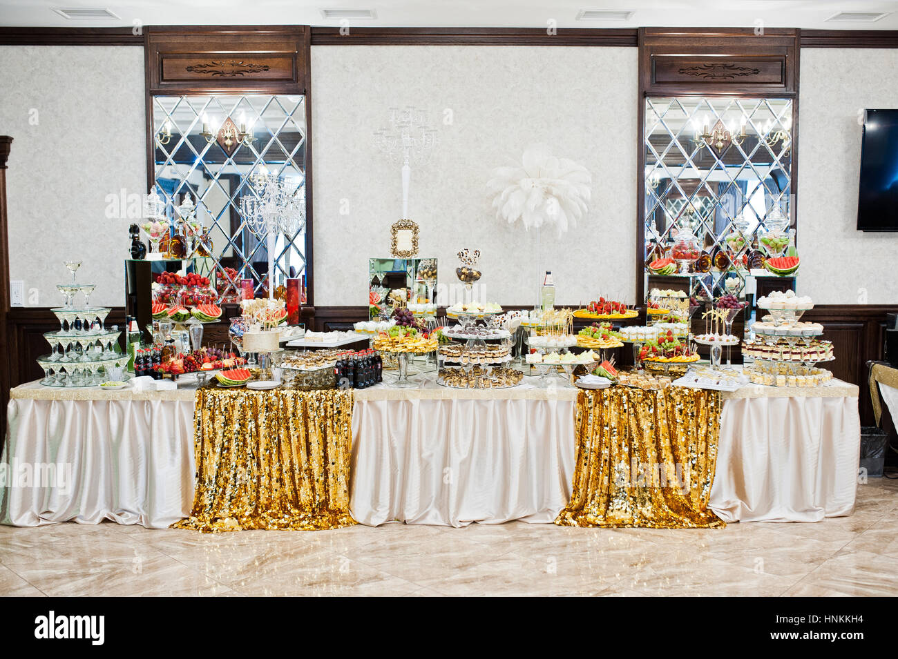 Elegance golden table of different catering at wedding reception Stock ...