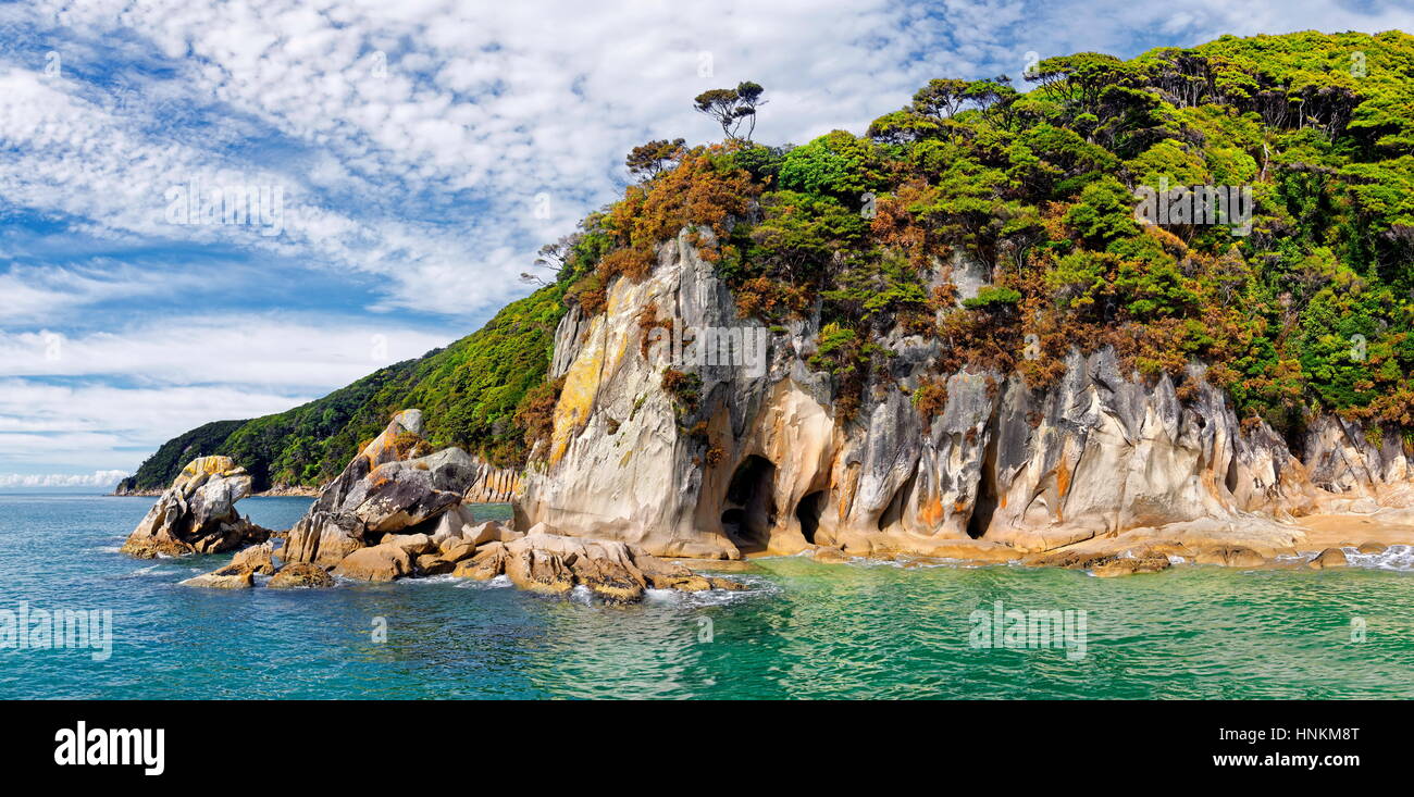 Tropical overgrown bizarre rock formation, Tonga Bay, Abel Tasman ...