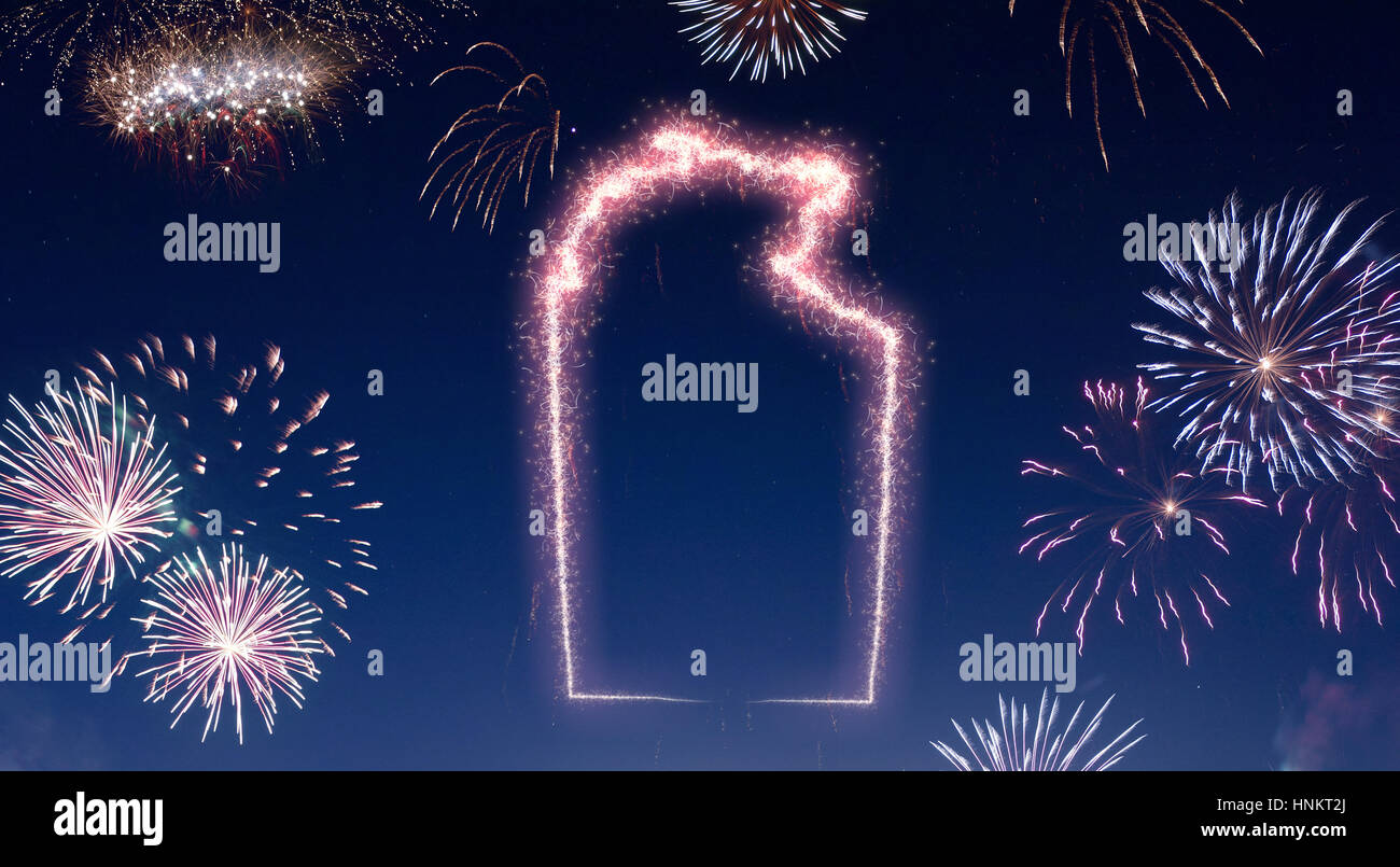 A dark night sky with a sparkling red firecracker in the shape of ...