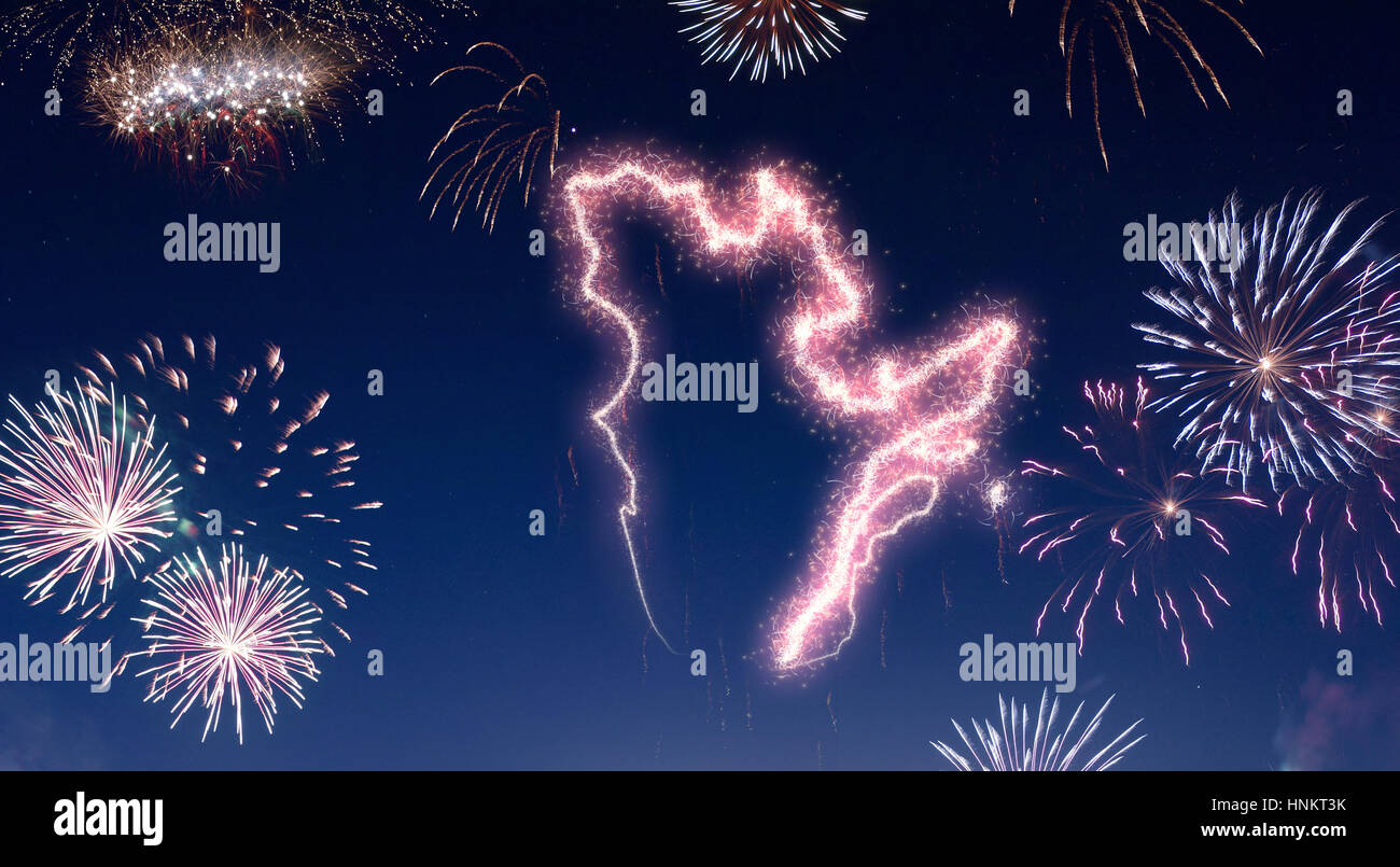 A dark night sky with a sparkling red firecracker in the shape of ...