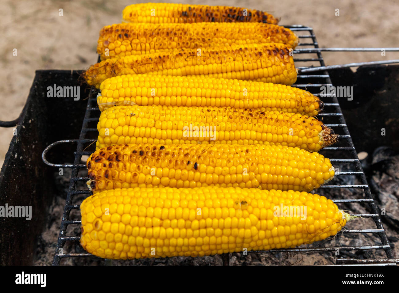 corn wrapped in foil, cooked over a fire in the coal popcorn in the ...