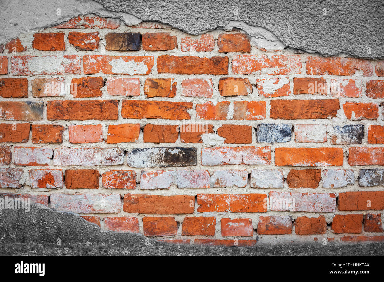 Brick wall close up. Old damaged brick wall with cement close up.stone ...