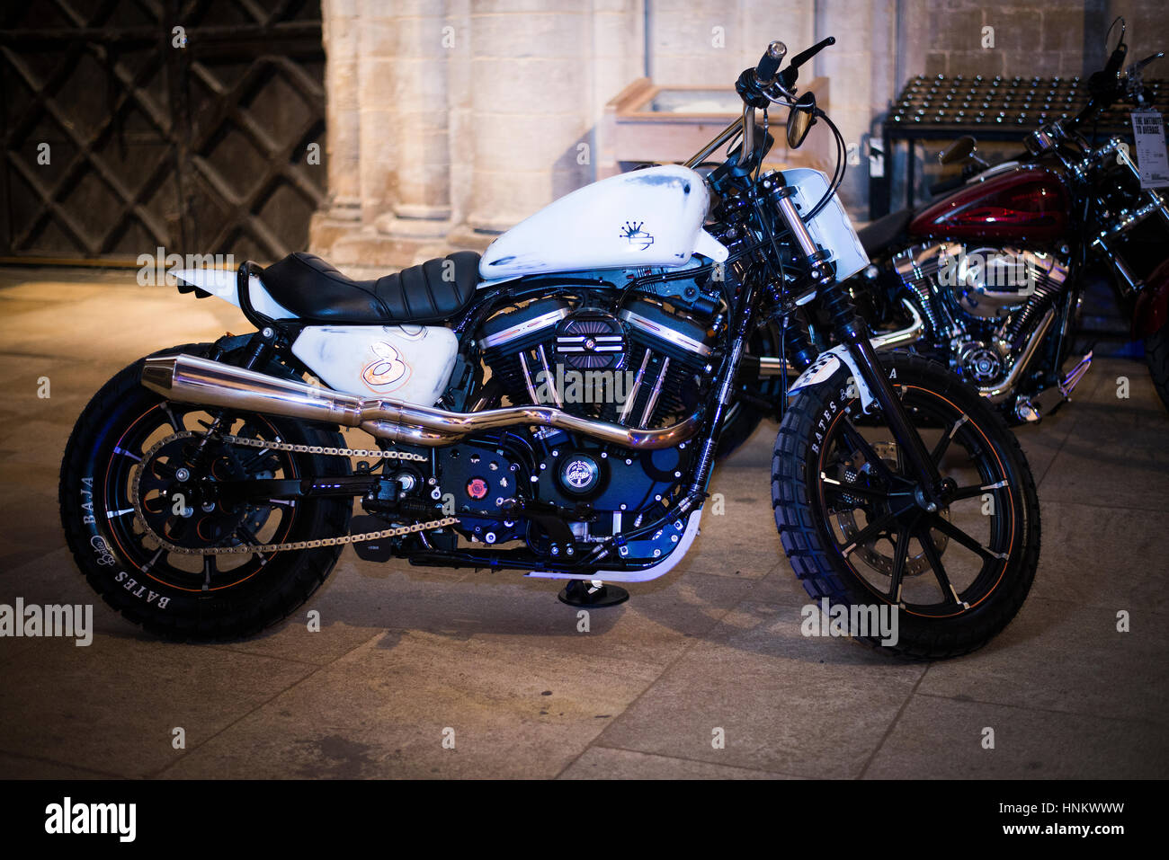 White custom Harley Davidson inside Peterborough Cathedral Stock Photo ...