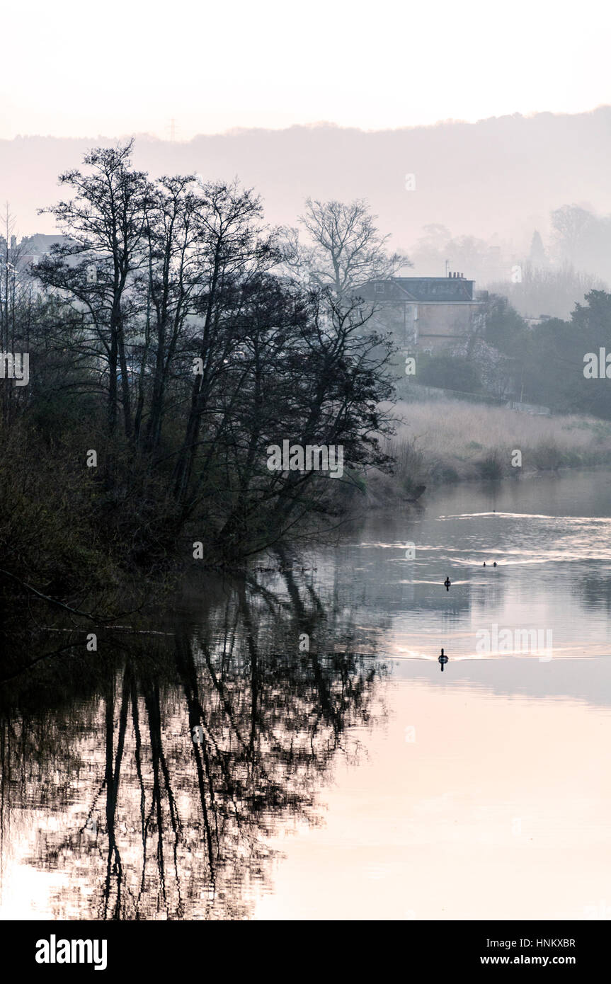 Misty morning on the River Avon at Batheaston, Somerset, England, UK ...